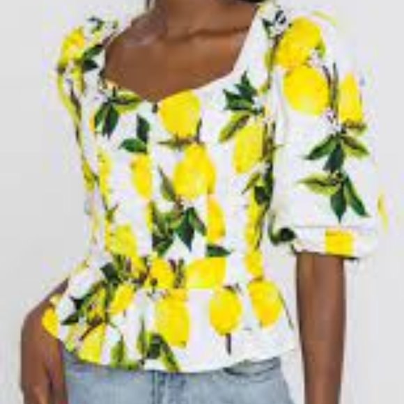 English Factory | Tops | English Factory Retro Lemon Print Peplum Puff ...